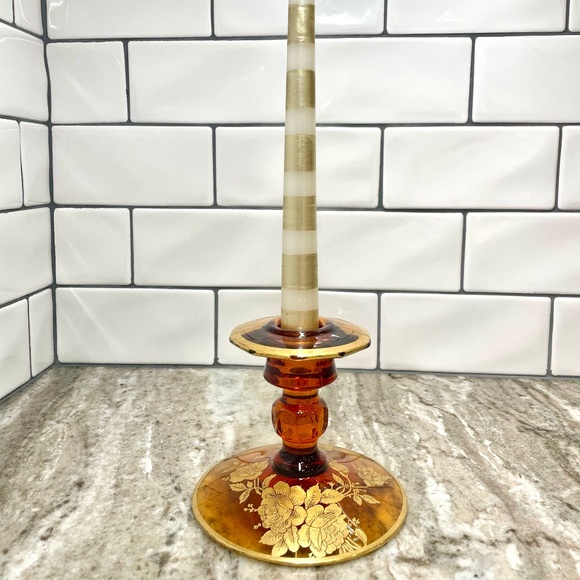 Accents | Vintage Depression Glass Amber Candlestick With Gold Flowers ...